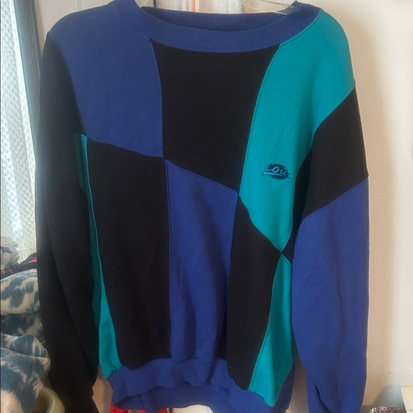 Iou | Sweaters | Mens Patchwork Crewneck Sweater Blue Black Teal | Poshmark